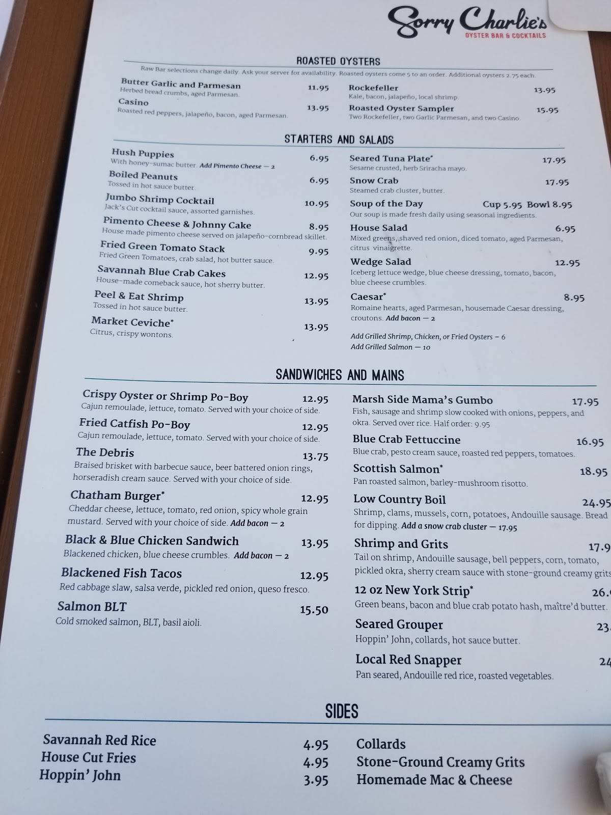 Menu at Sorry Charlie's Oyster Bar, Savannah