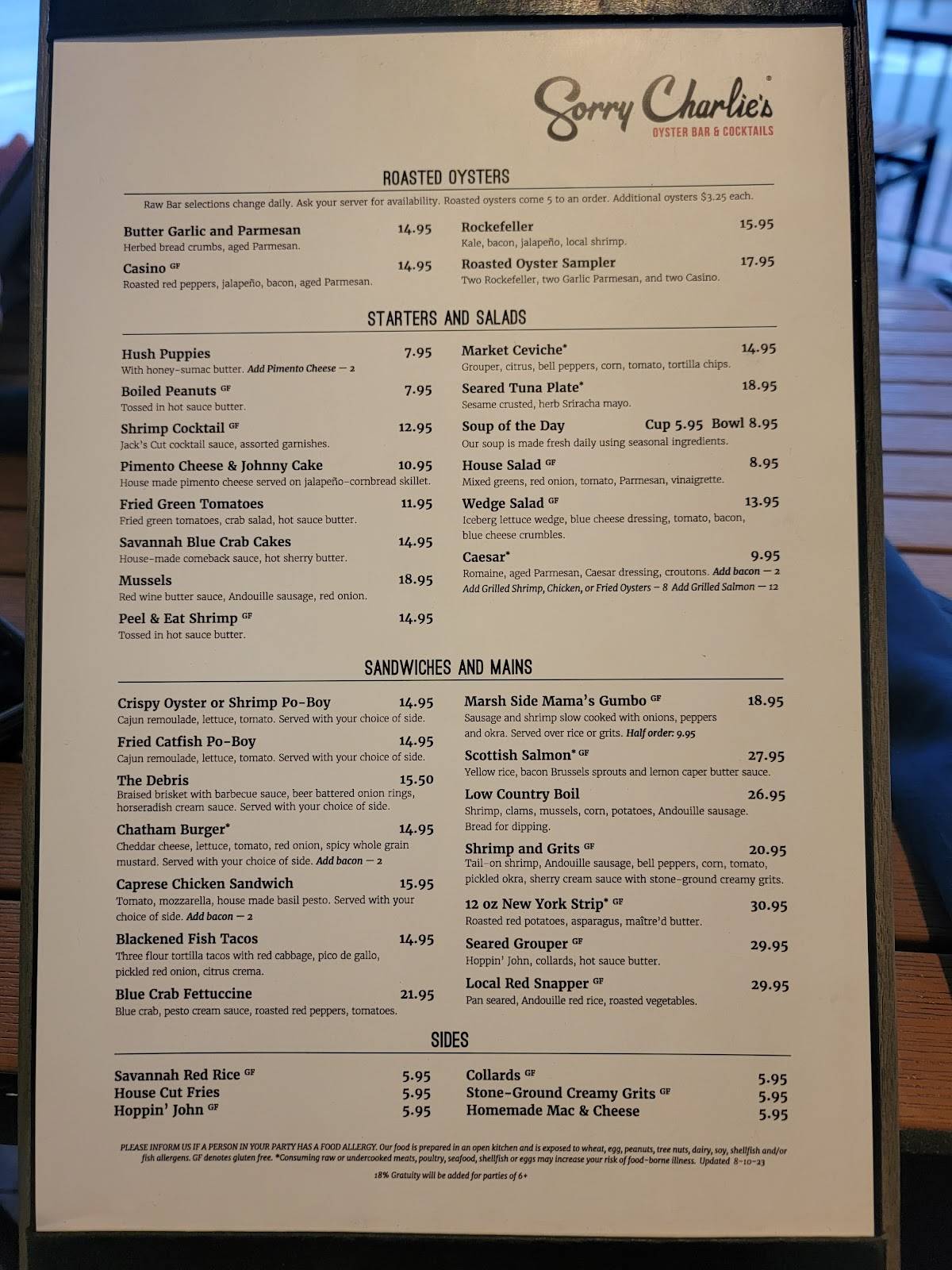 Menu at Sorry Charlie's Oyster Bar, Savannah