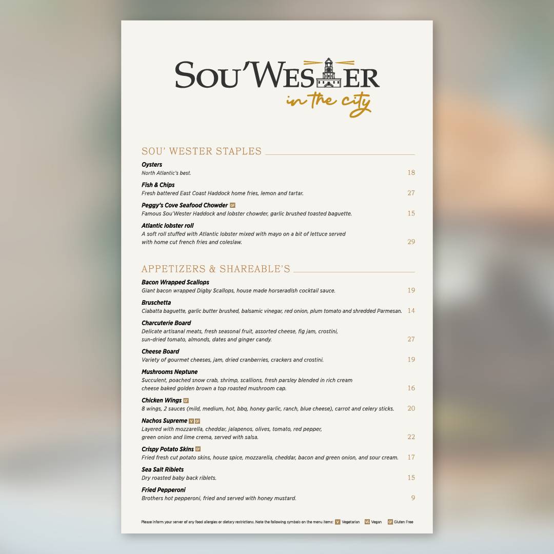 Menu at Sou'Wester in the City Restaurant & Social, Bedford