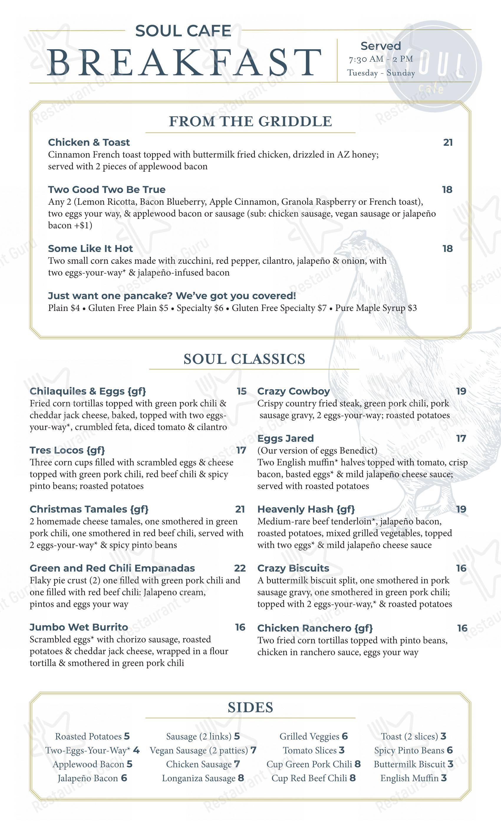 Menu at Soul Cafe, Scottsdale