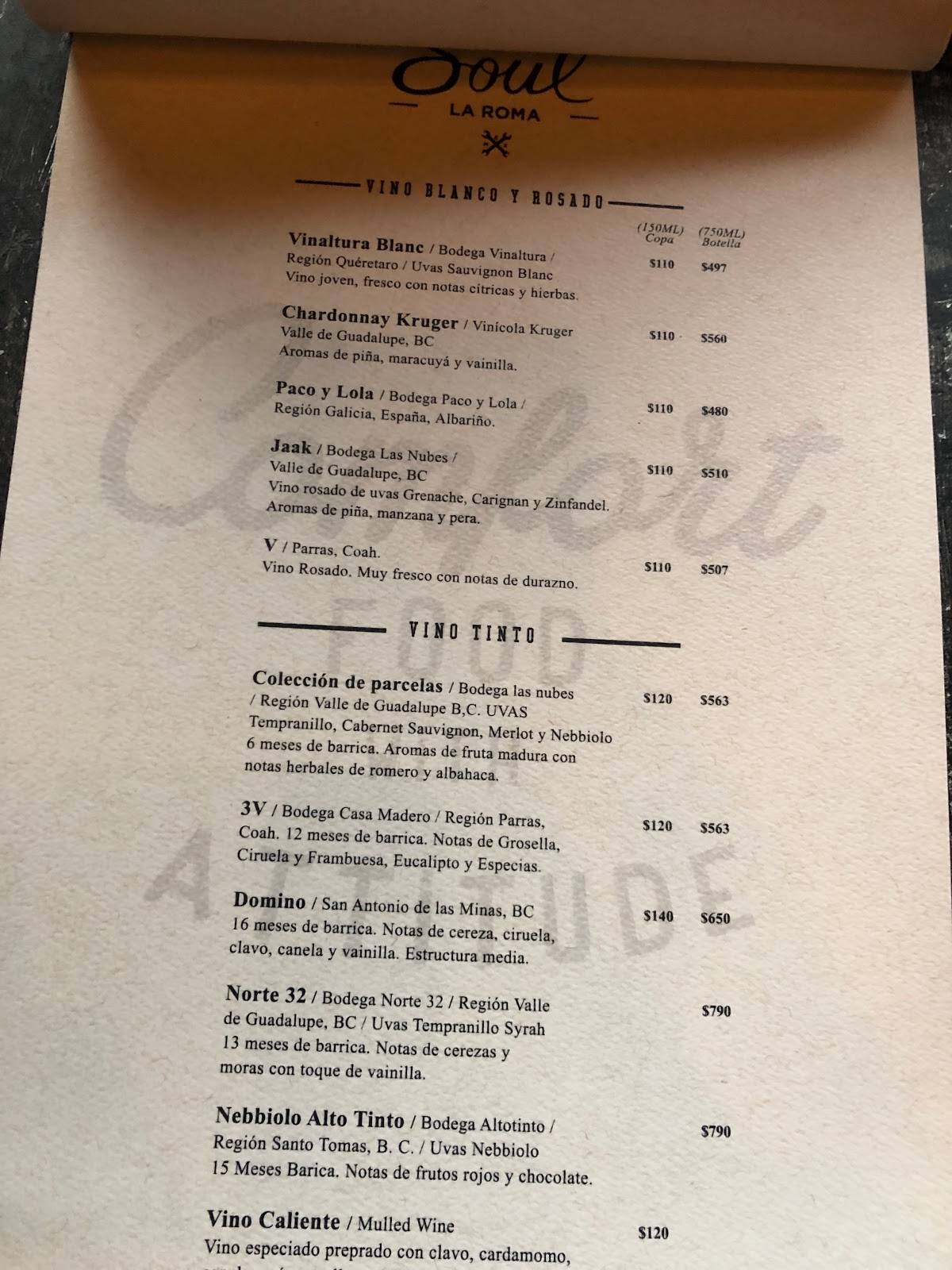 Carta del restaurante Soul La Roma, Ciudad López Mateos