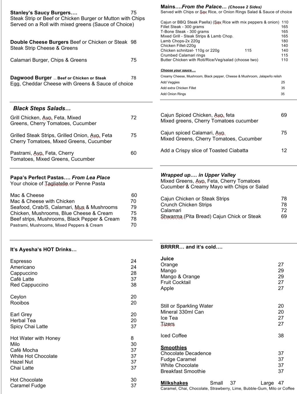 Menu at South Blvd Café (halaal) cafe, Port Elizabeth