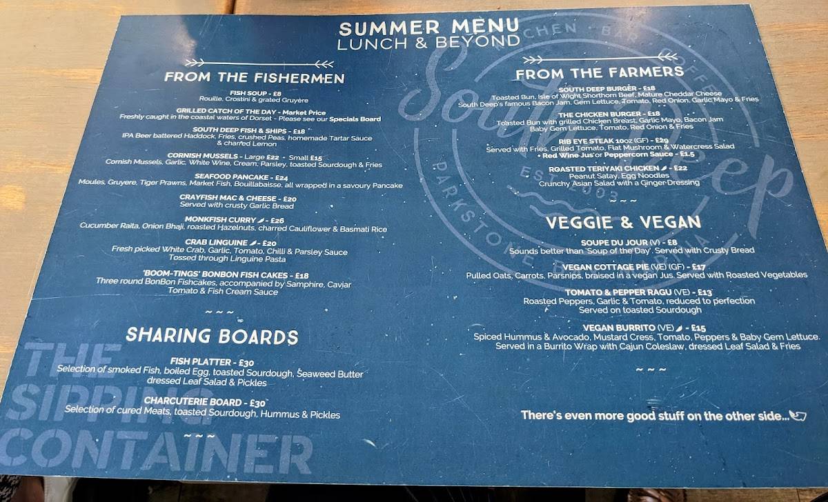 Menu at South Deep cafe, Poole, Turks Ln