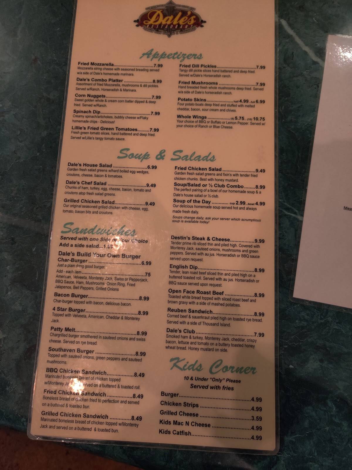 Menu at Dale's restaurant, Southaven