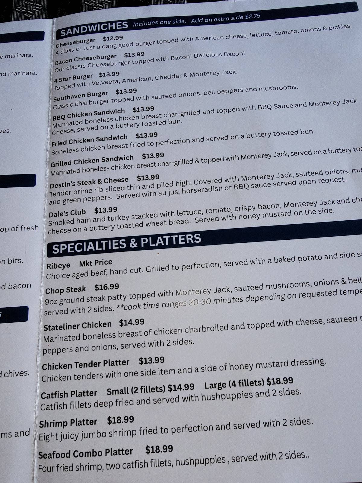 Menu at Dale’s restaurant, Southaven