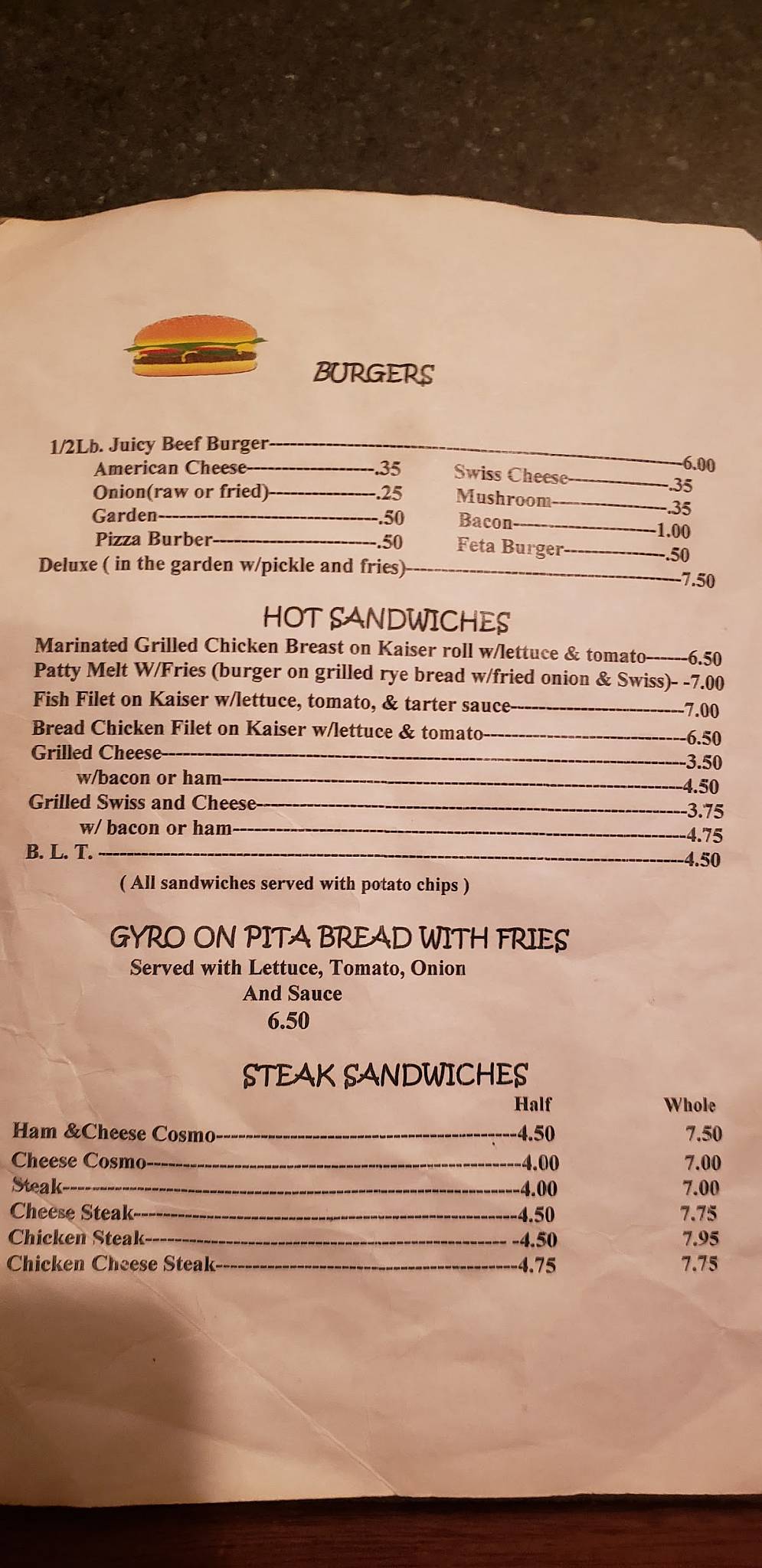 Menu at Southern Grill restaurant, Williamsport
