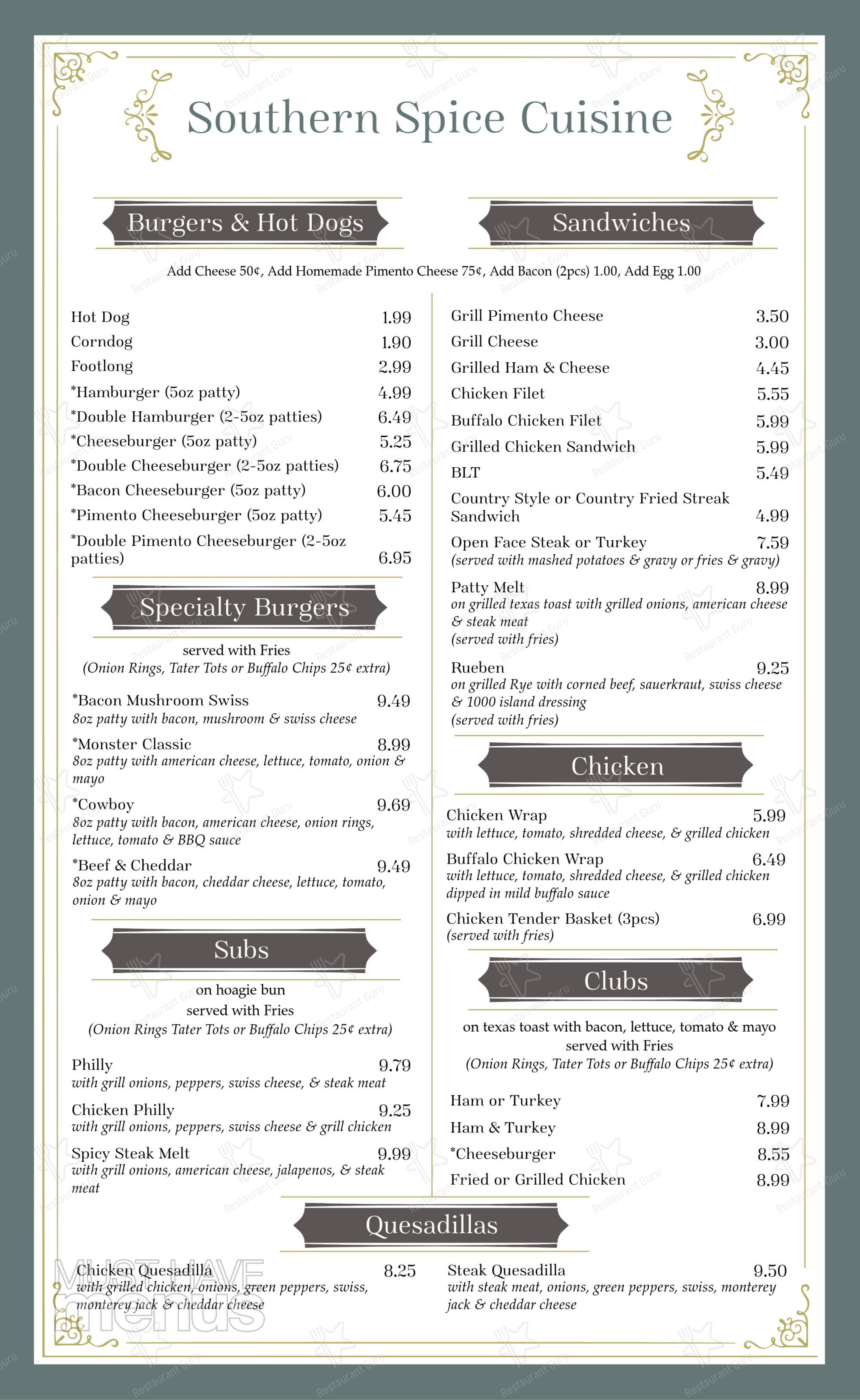 Menu at Southern Spice Cuisine restaurant, Bermuda Run