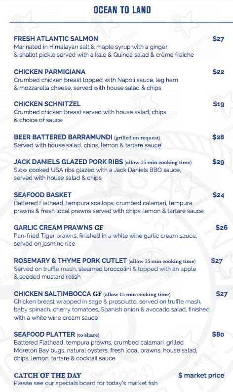 Menu at Southport Surf Life Saving Club, Main Beach