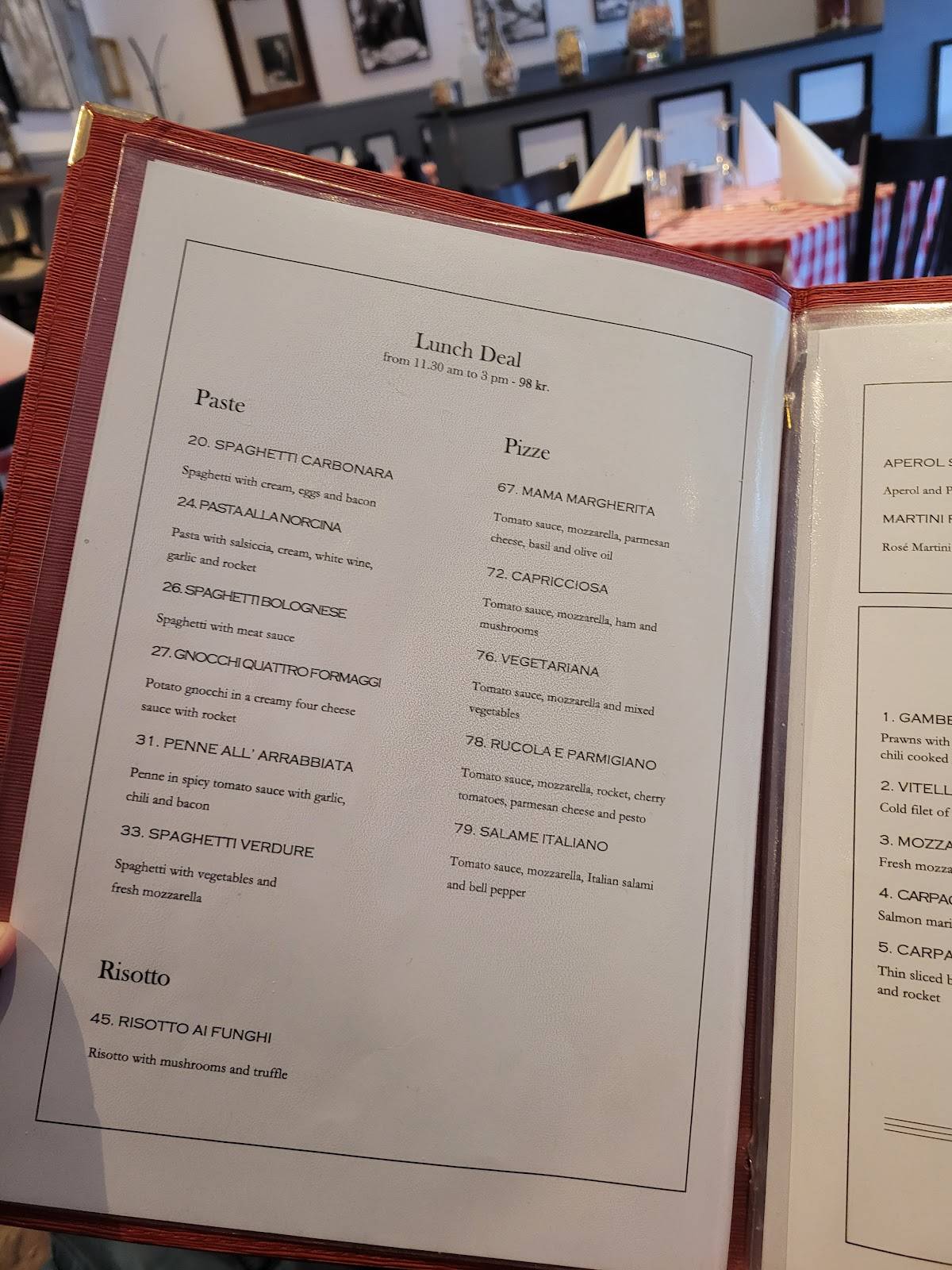 Menu at Spaghetteria La Perla restaurant, Copenhagen