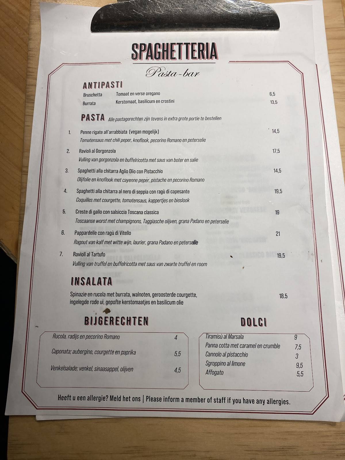 Speisekarte von Spaghetteria, Amsterdam, Daniël Stalpertstraat 93-95