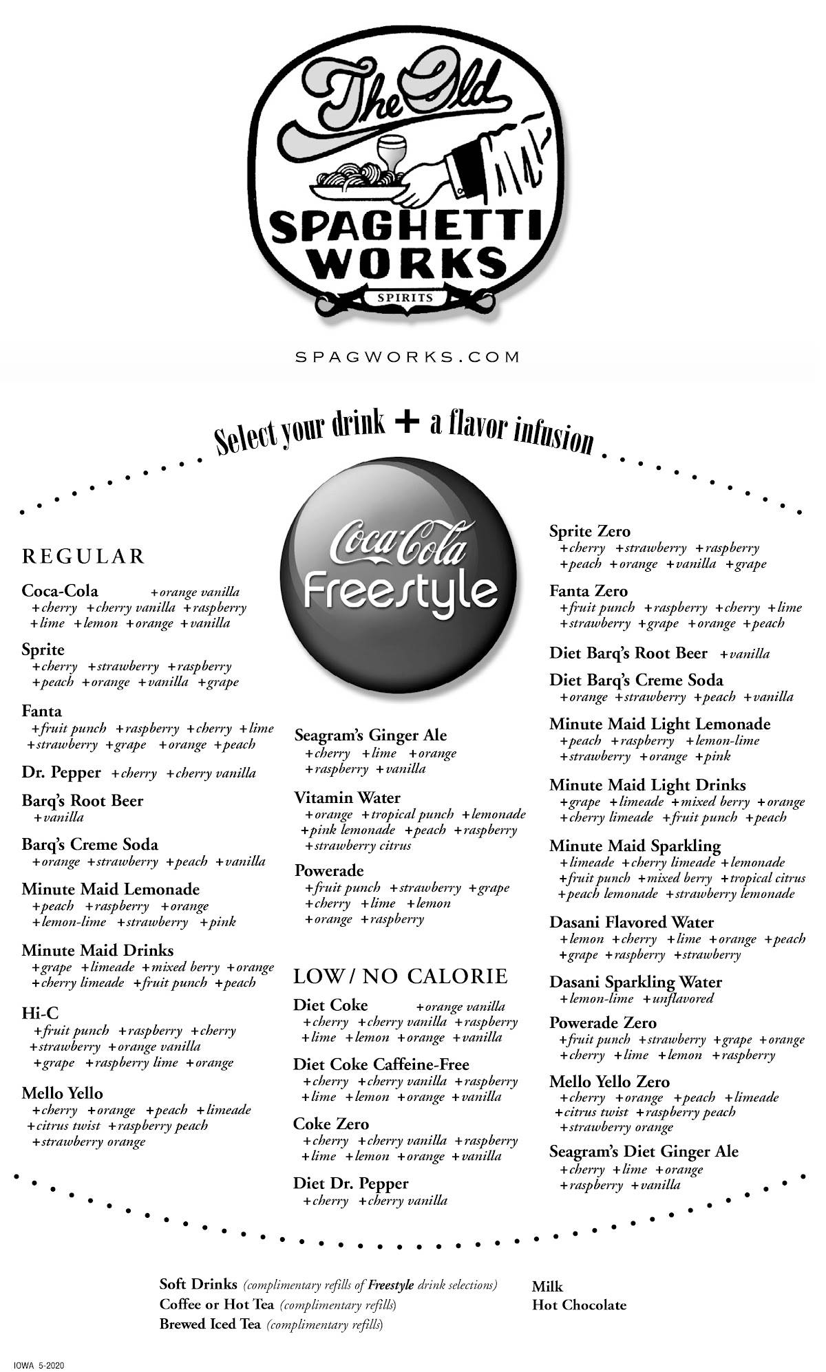 Menu at Spaghetti Works restaurant, Ralston, Park Dr