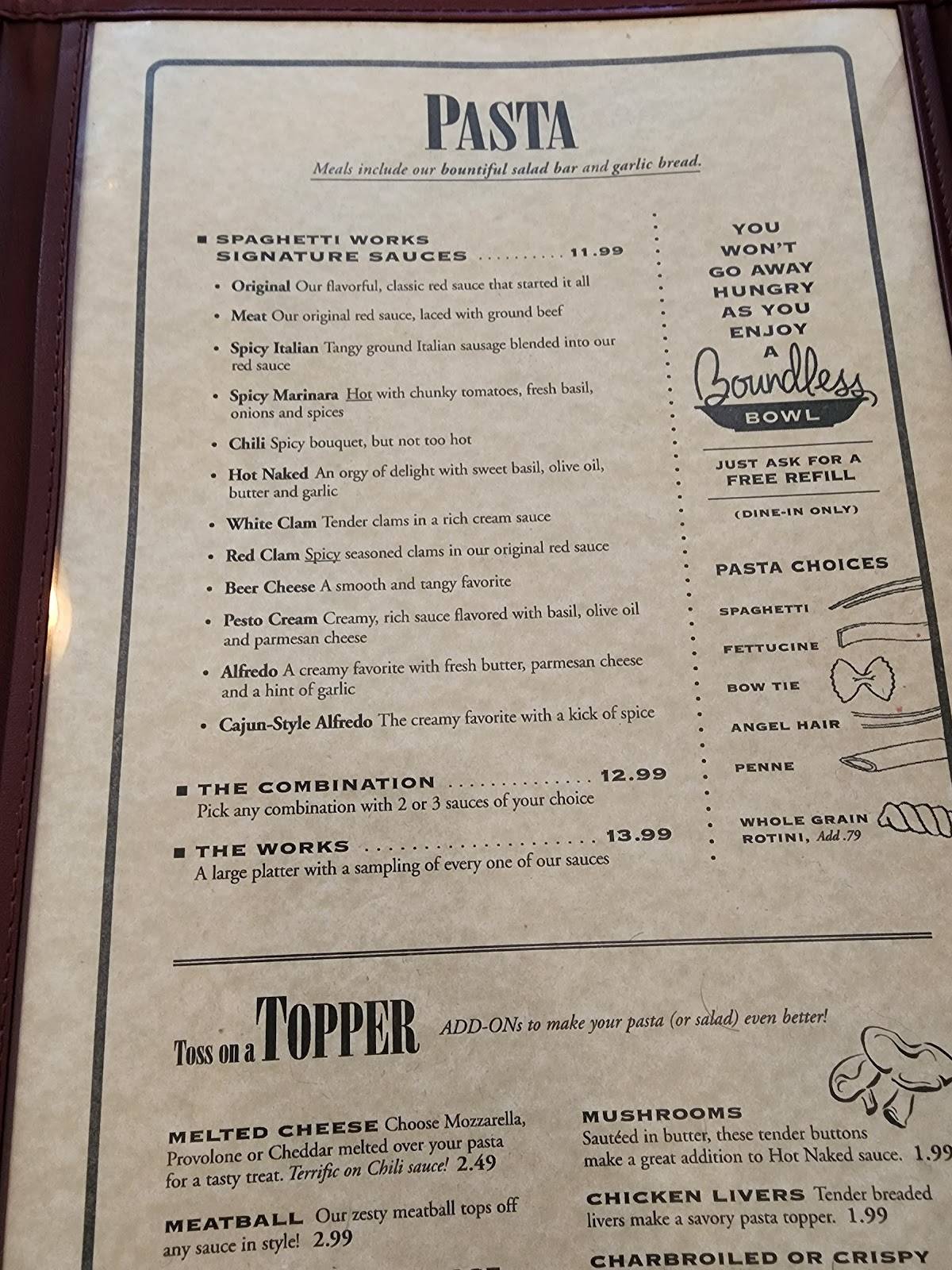 Menu at Spaghetti Works restaurant, Ralston, Park Dr