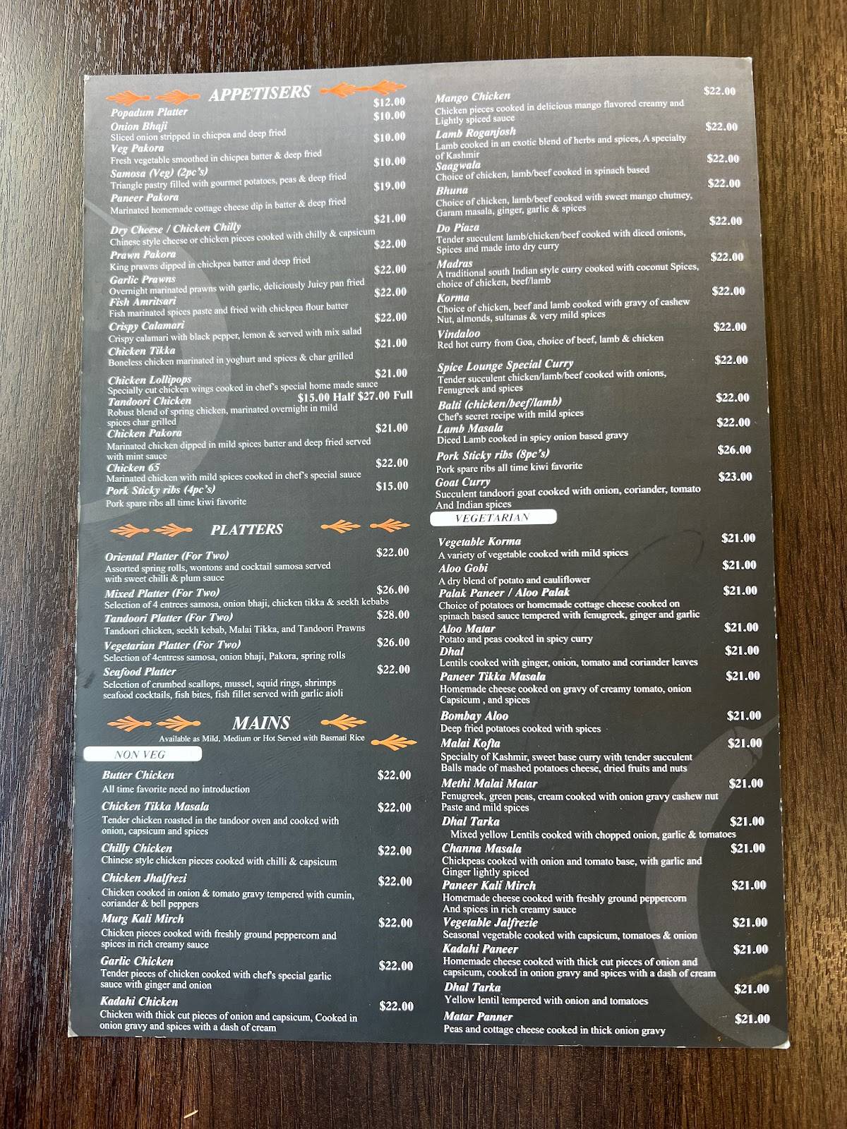Menu at Spice Lounge restaurant, Kaiwaka