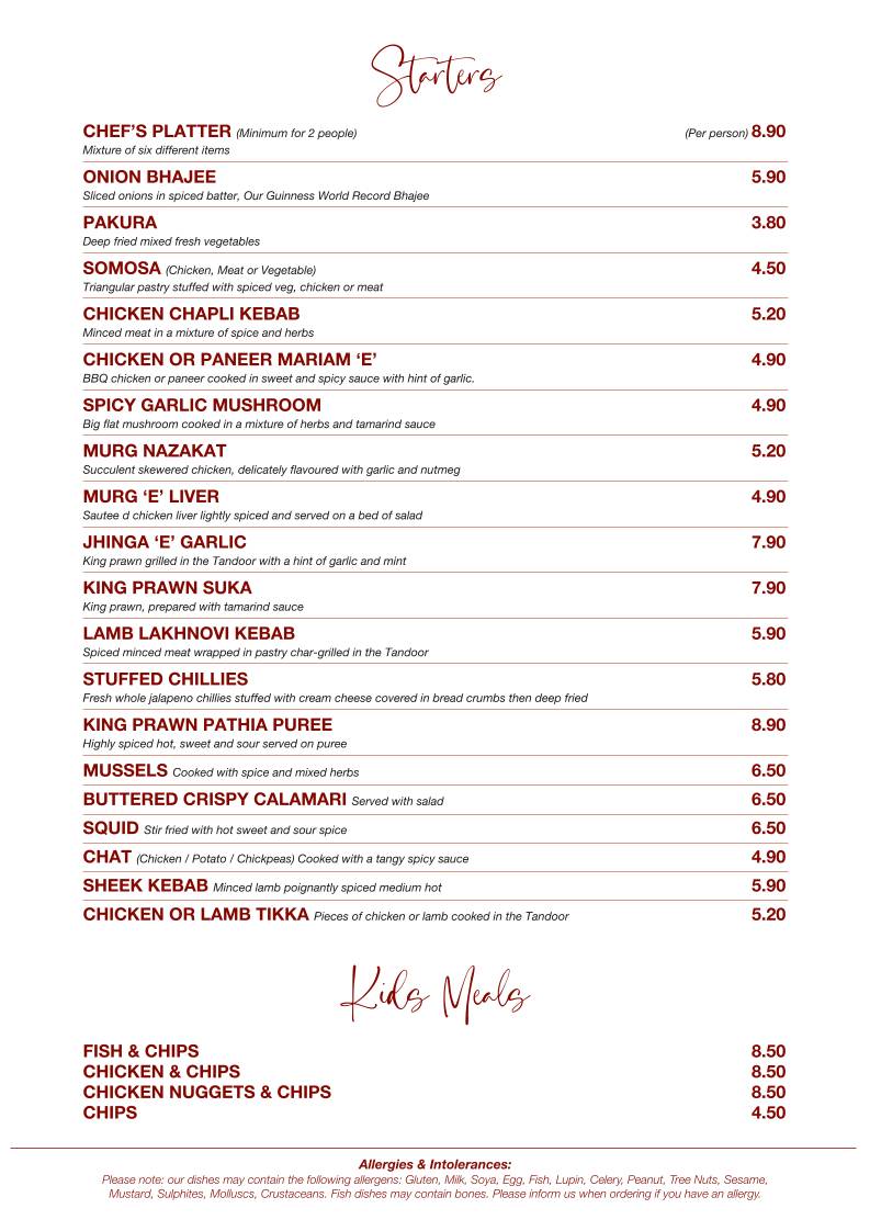 Menu at Spice Rouge restaurant, Stevenage