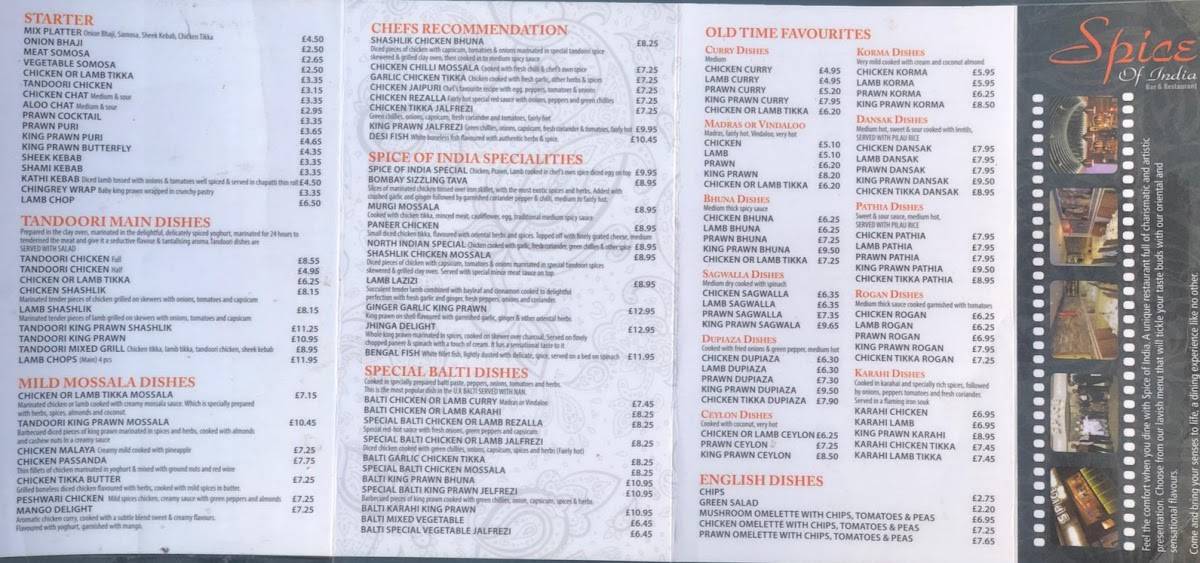 Menu at Spice of India restaurant, Upminster, Broadway