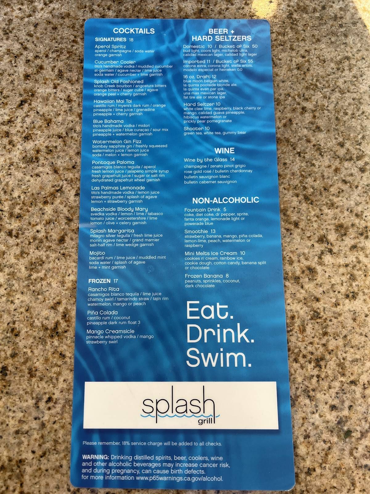 Menu at Splash’s pool side bar&grill, Palm Springs