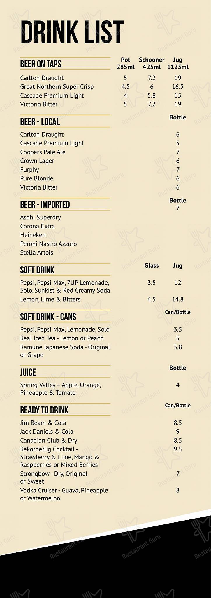 Menu at Greyhounds Entertainment restaurant, Springvale