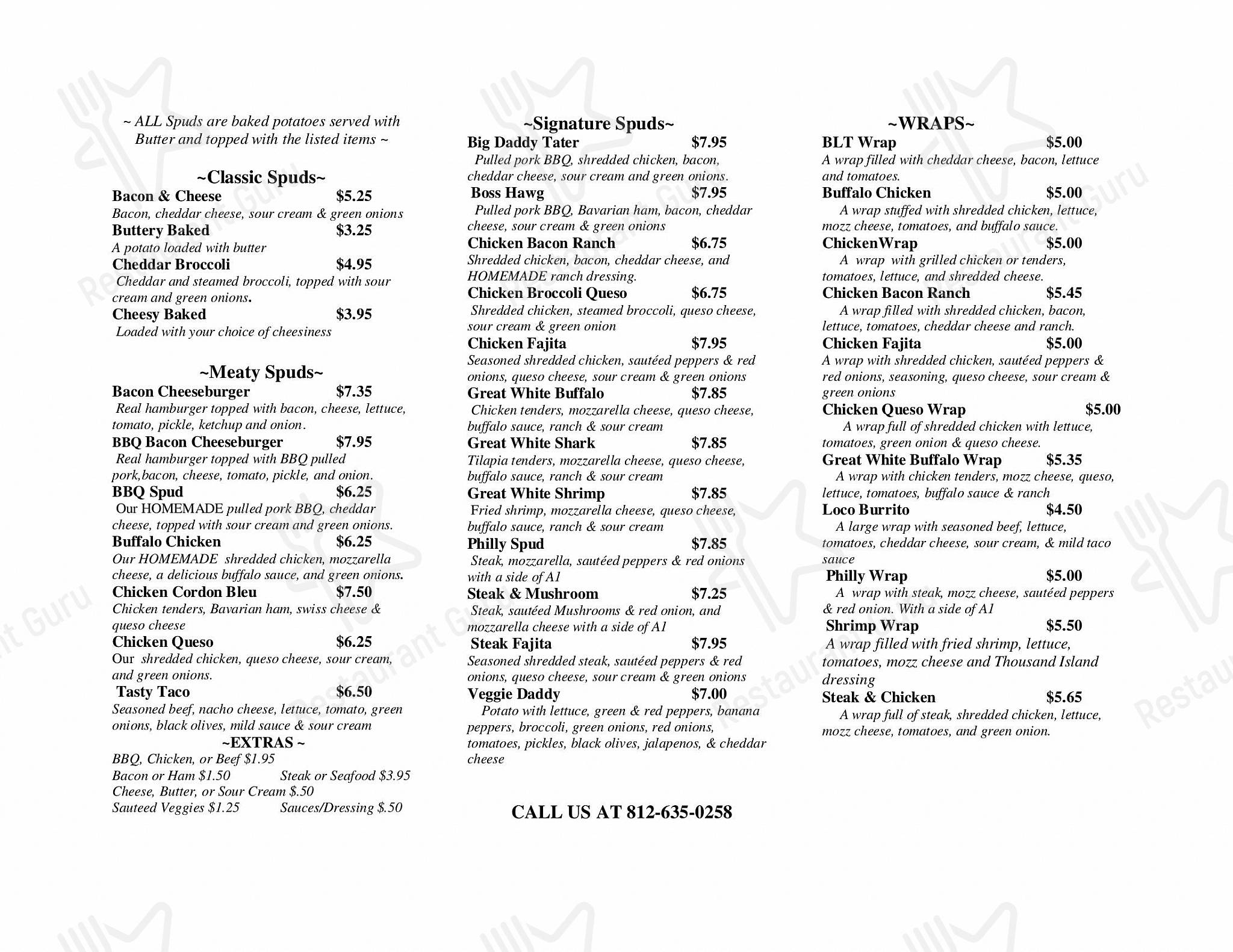 Menu at Spud Hut fast food, Princeton