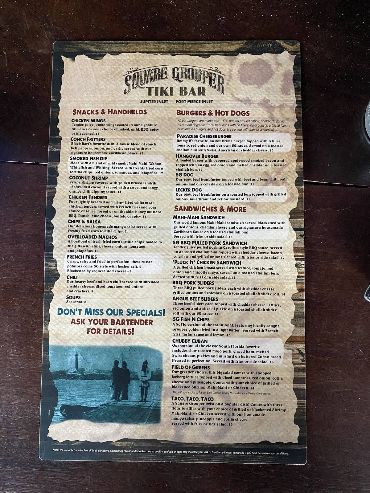 Menu at Square Grouper Tiki Bar Ft Pierce Inlet, Fort Pierce