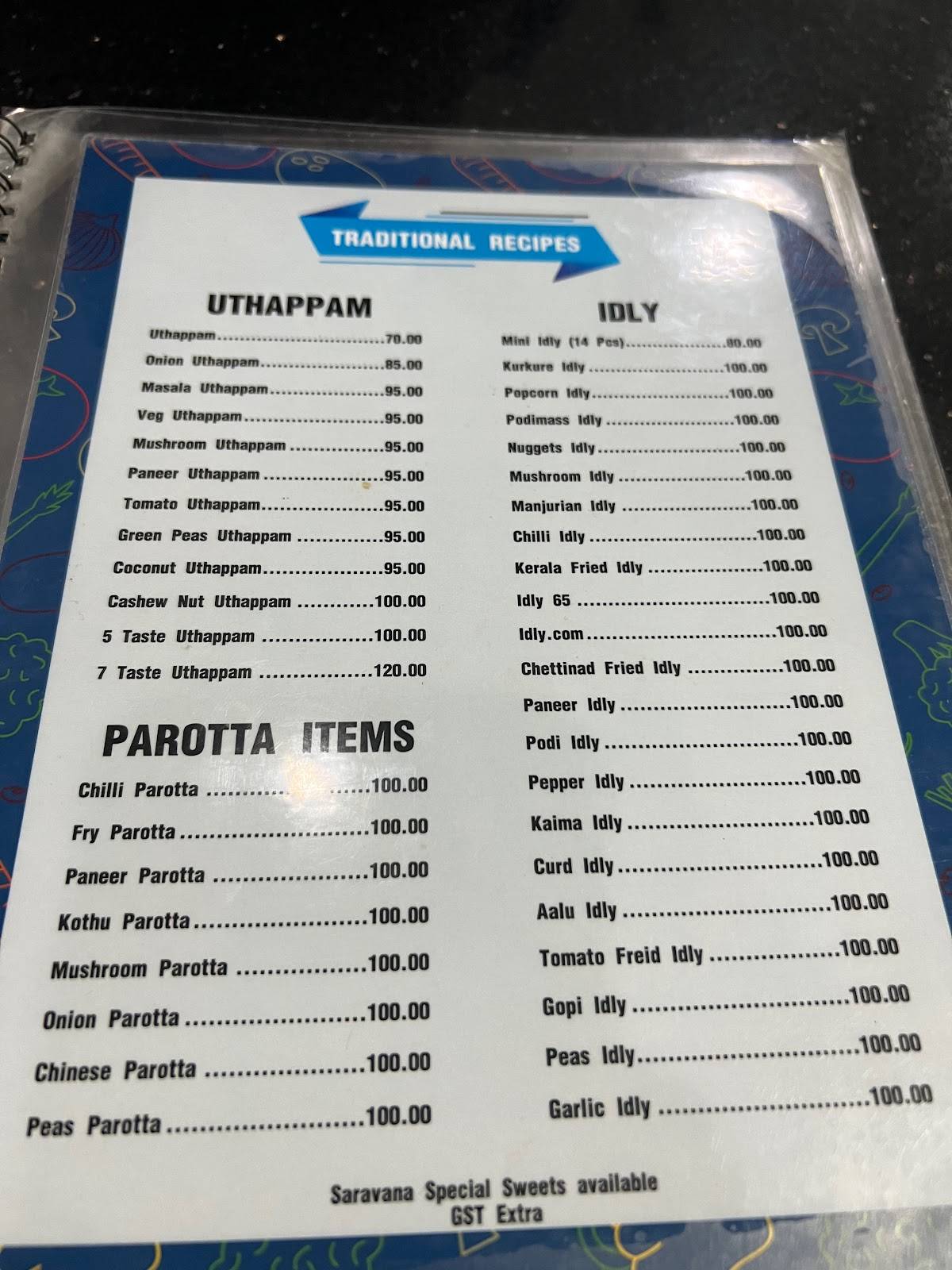 Menu at Sri Mu Saravana Bhavan, Nedumbassery