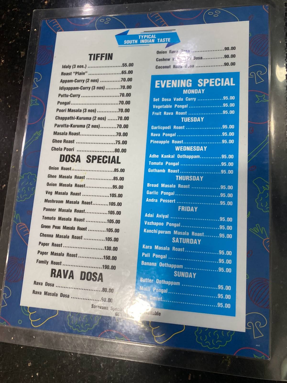 Menu at Sri Mu Saravana Bhavan, Nedumbassery