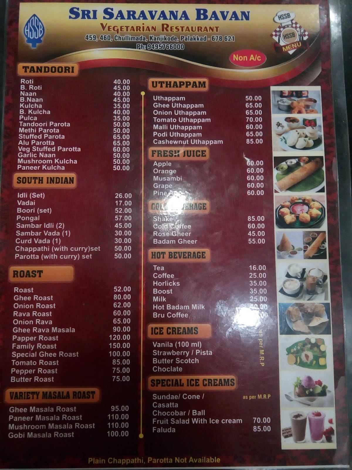 Menu at Sri Saravana Bavan (Pure Veg), Kanjikode