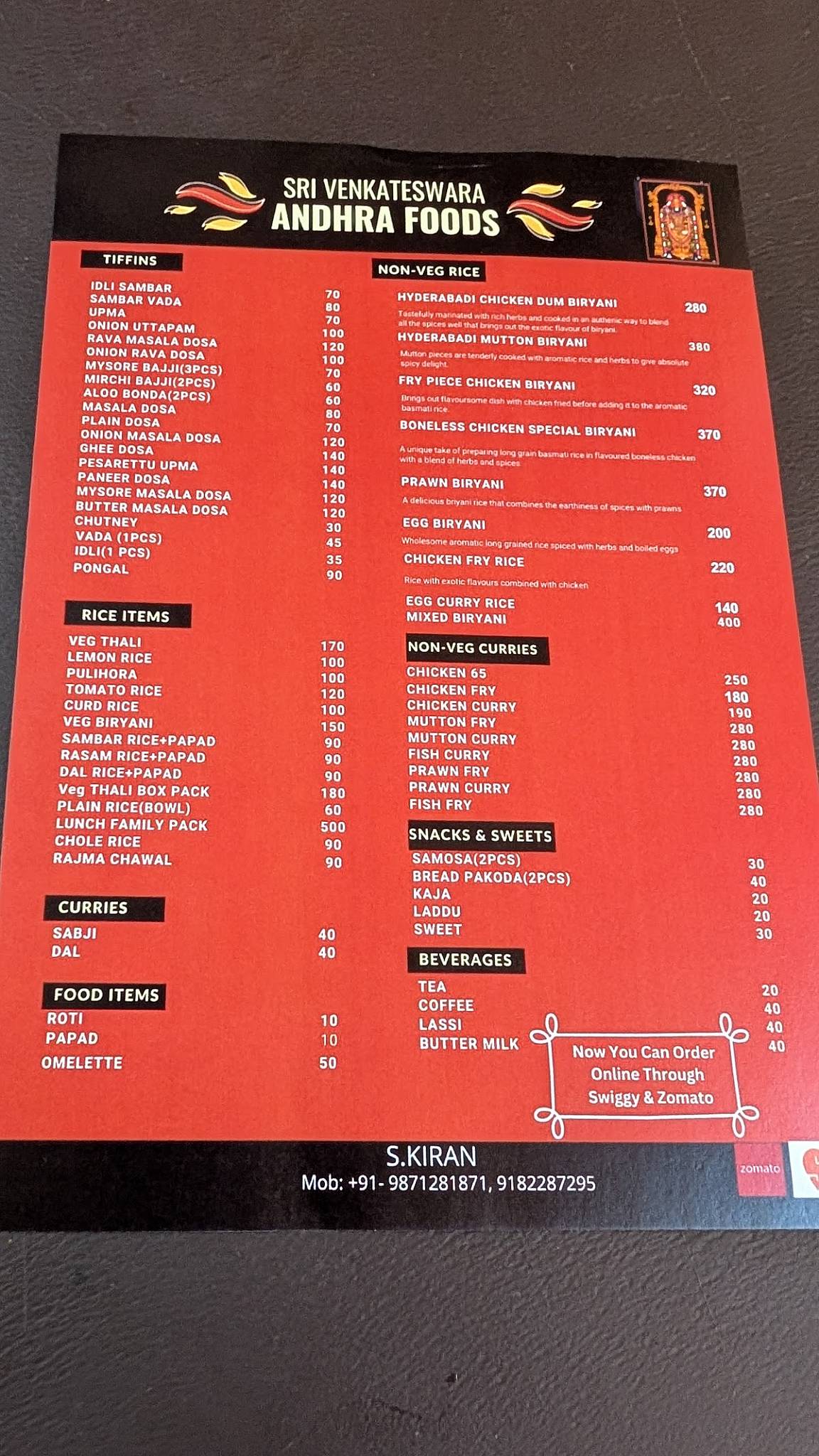 Menu at Sri Venkateswara Andhra Foods, New Delhi