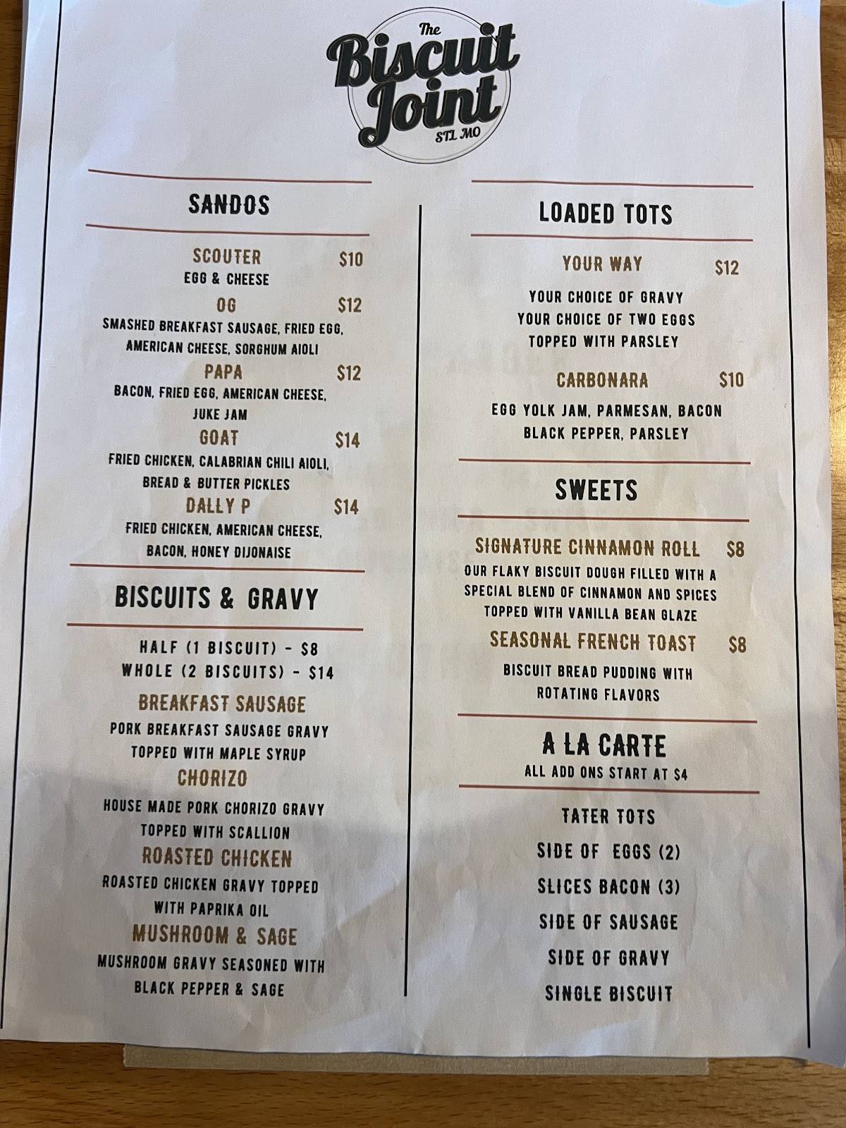 Menu at The Biscuit Joint desserts, St. Louis