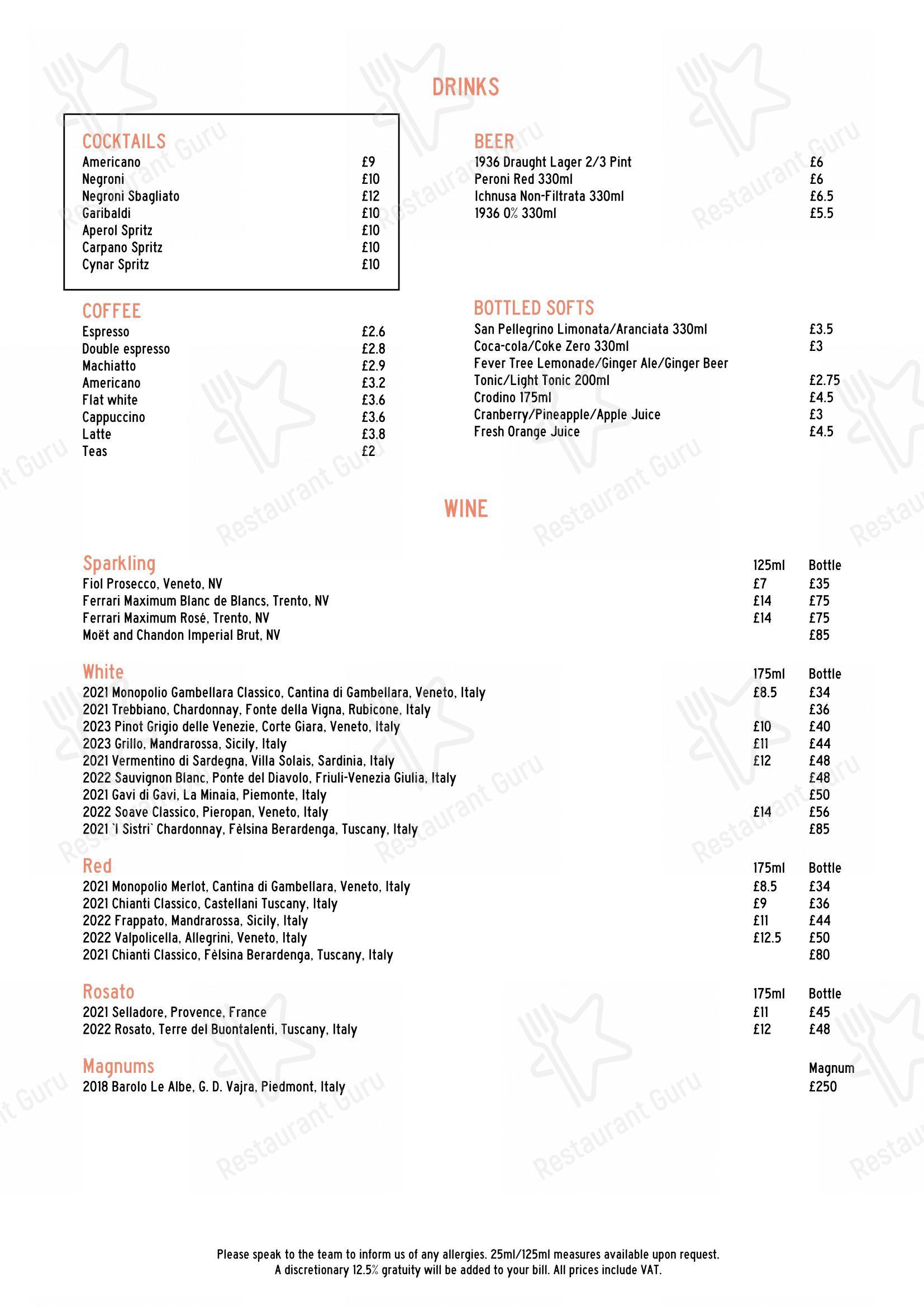 Menu at Stampa restaurant, London