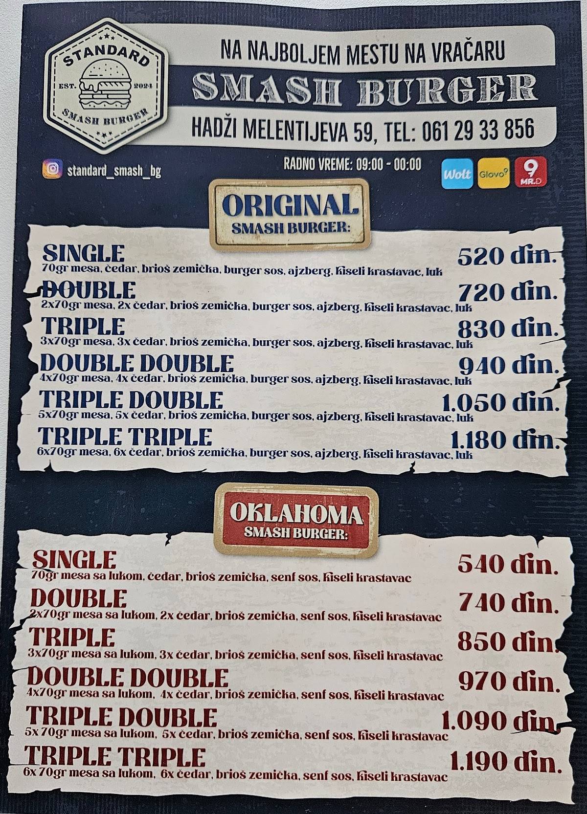 Menu au Standard Smash Beograd restaurant, Belgrade