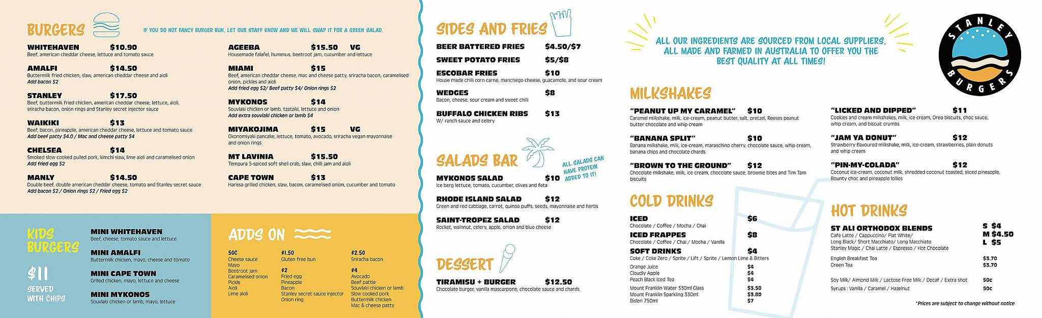 Menu at Stanley Burgers restaurant, Scoresby
