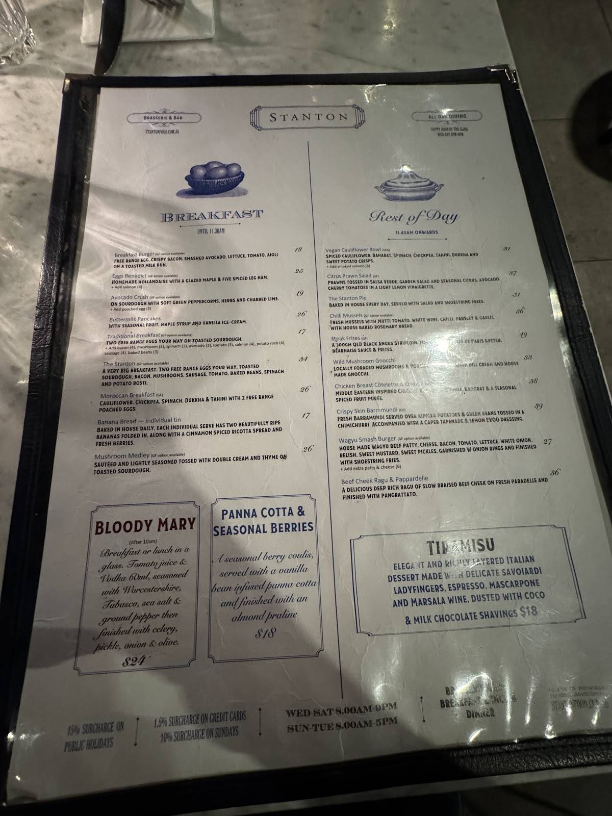 Menu at Stanton Brasserie, Bar & Pizzeria, Brisbane City