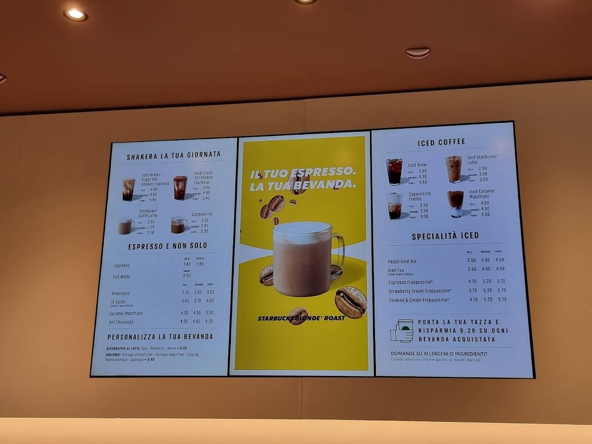 Menu au Starbucks Castel Romano Designer Outlet cafeteria, Rome