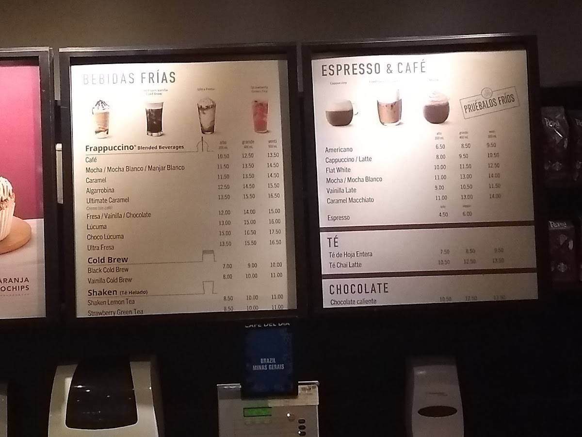 Carta de cafetería Starbucks Coffee, Chiclayo, C. C. Real Plaza
