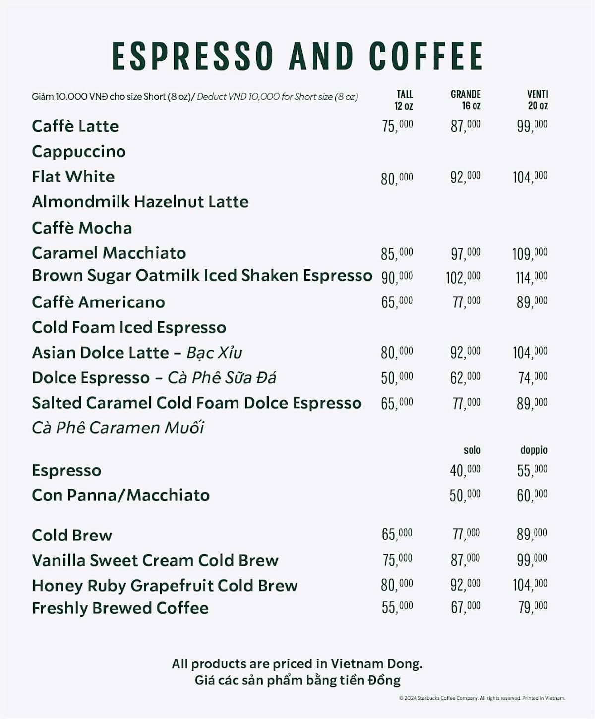 Menu at Starbucks TASCO Mall, Hanoi