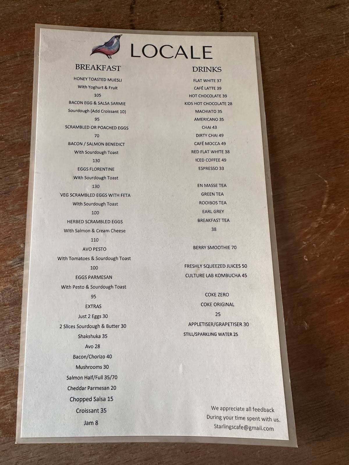 Menu at Starlings Locale cafe, Cape Town, 4 Mark Rd