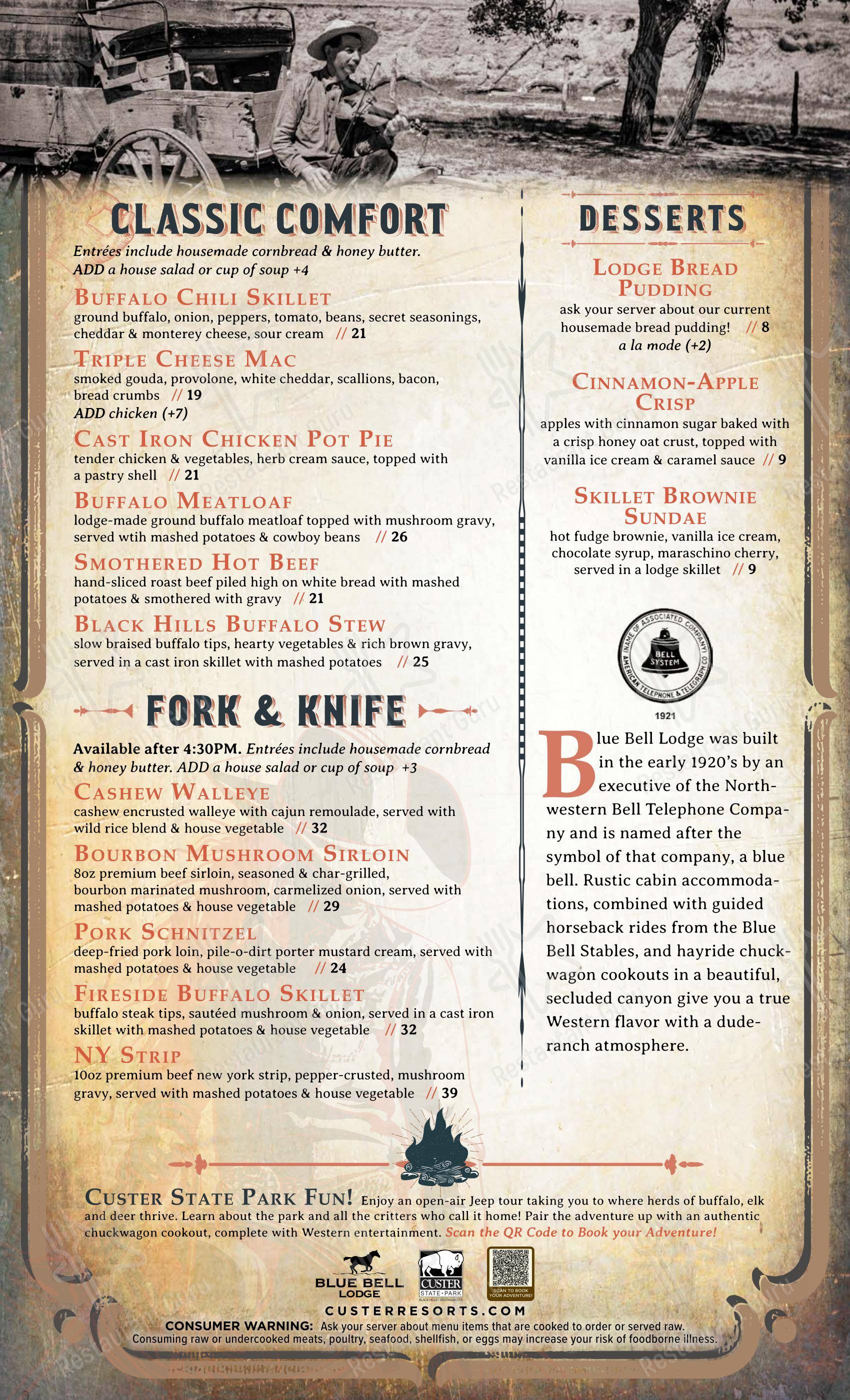 Menu at State Game Lodge Restaurant Custer State Park, USA