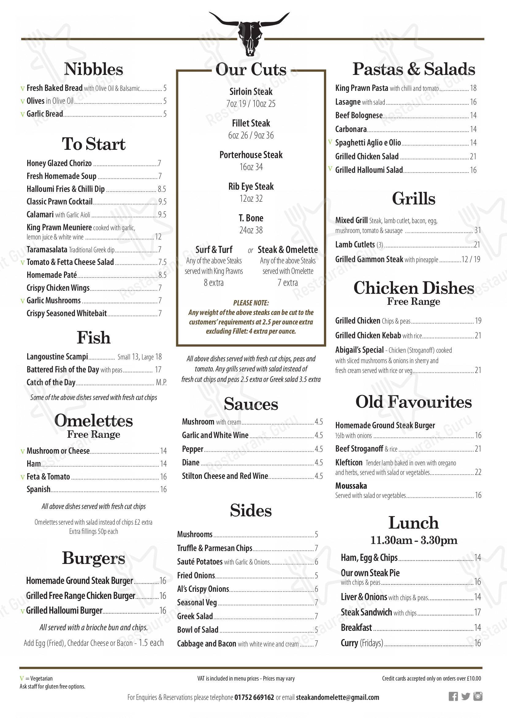 Menu at Steak & Omelette restaurant, Plymouth