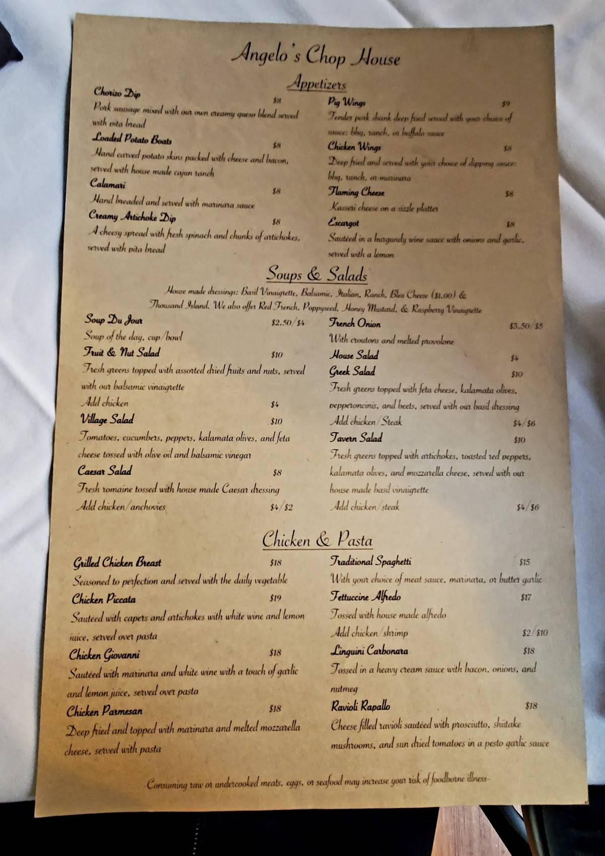 Menu at Angelo's Chop House steakhouse, Monroe