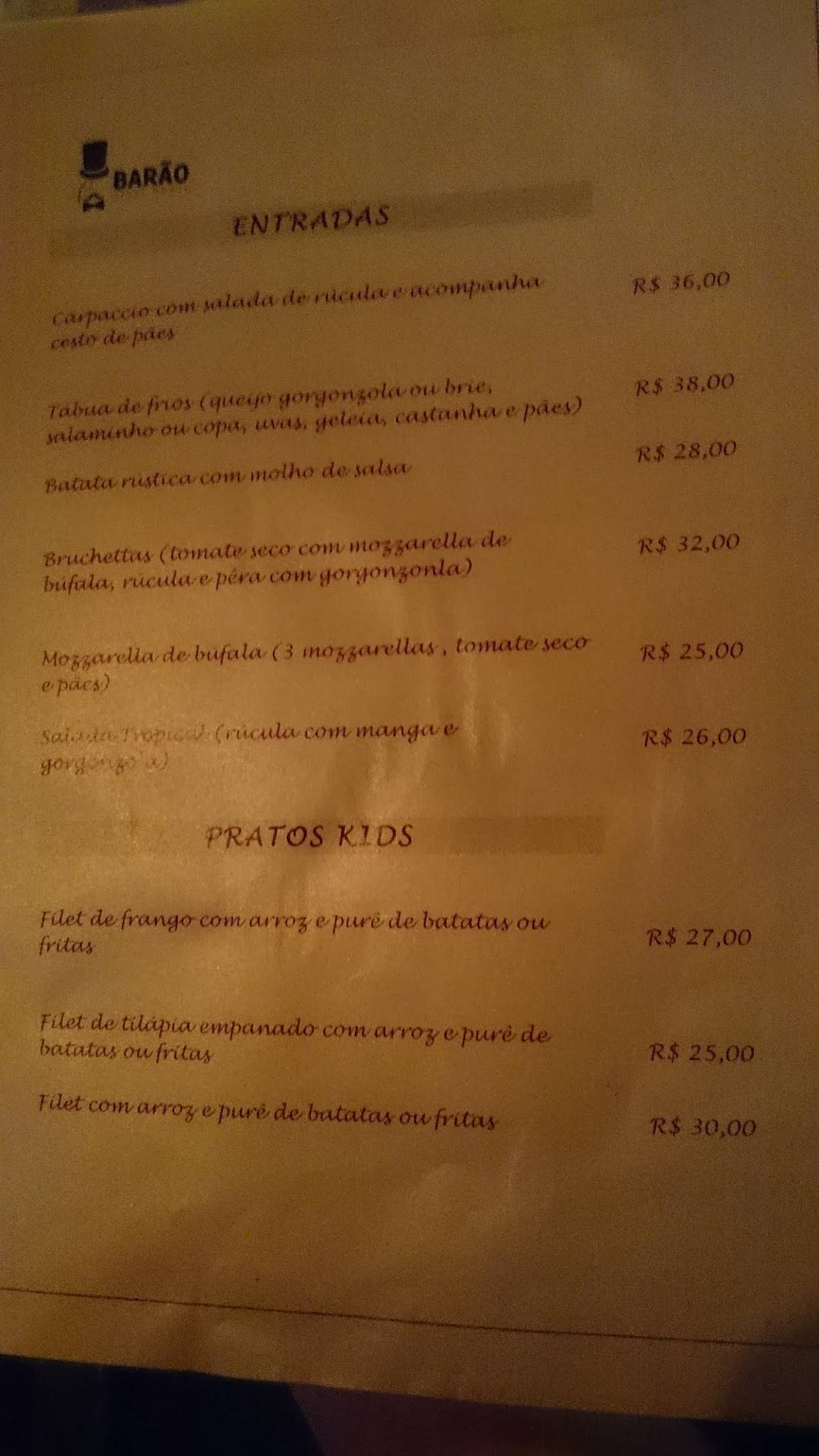 Menu at Barão Steak House, Lavras