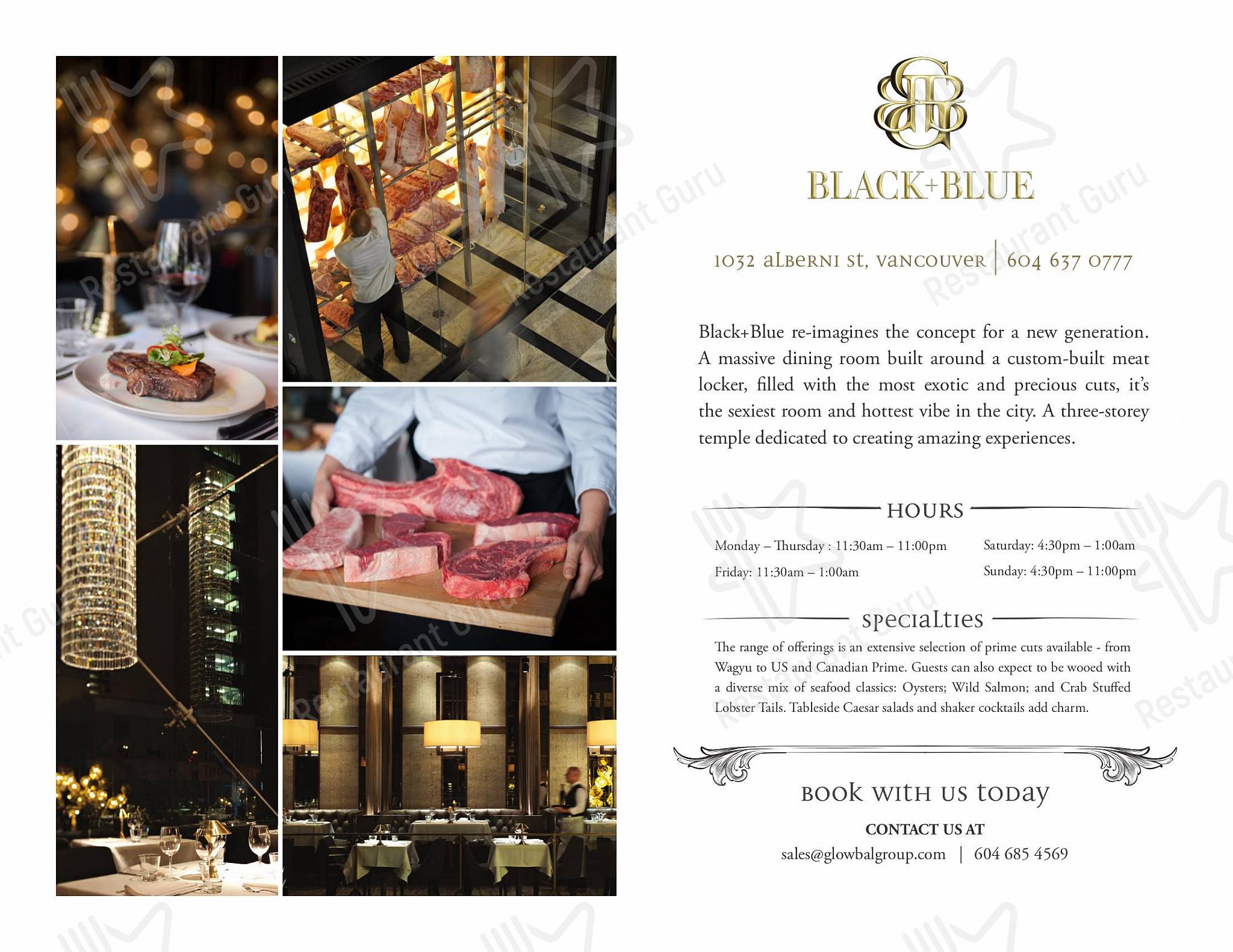 Menu at Black+Blue steakhouse, Vancouver