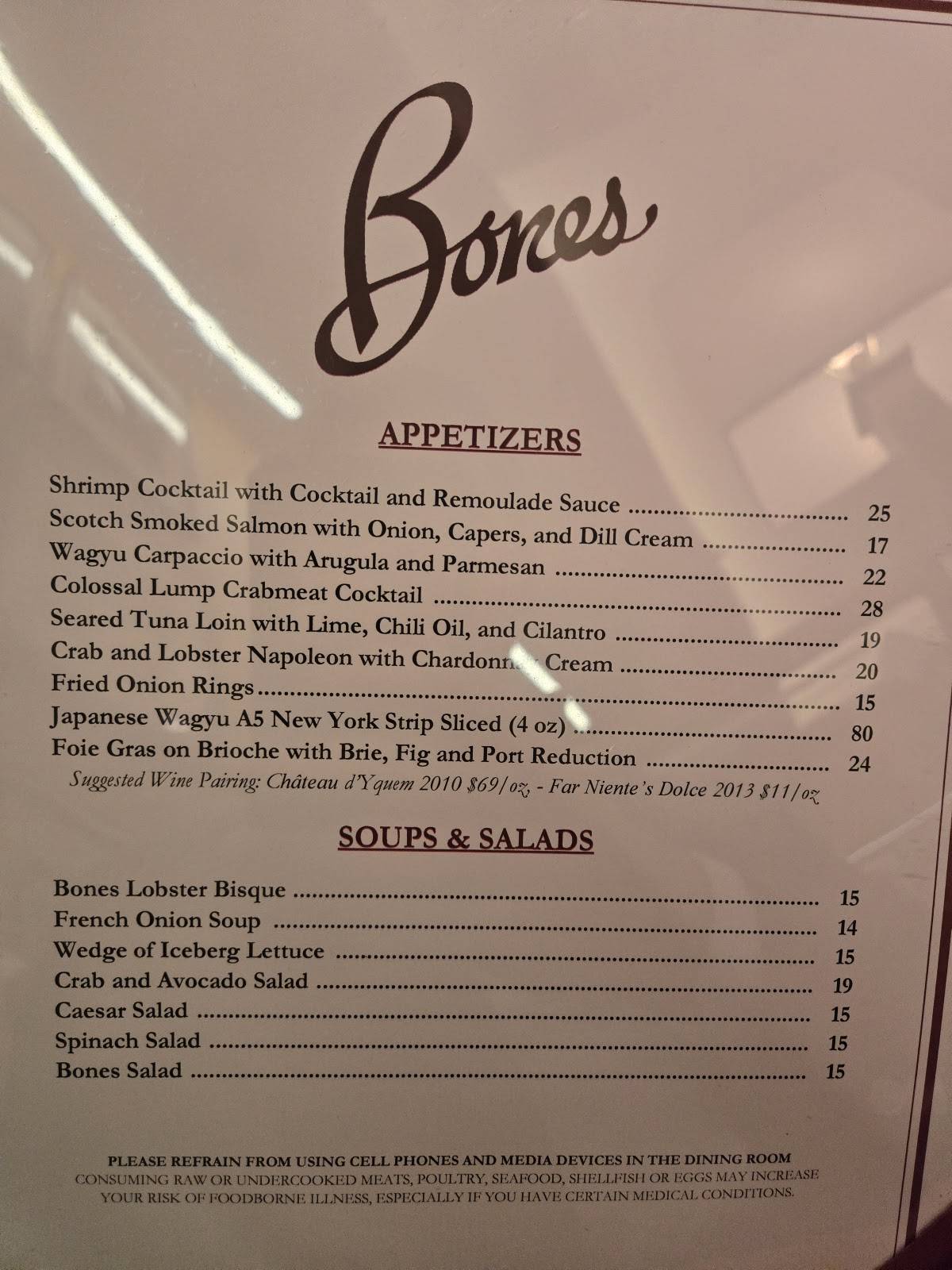 Menu at Bones Restaurant, Atlanta