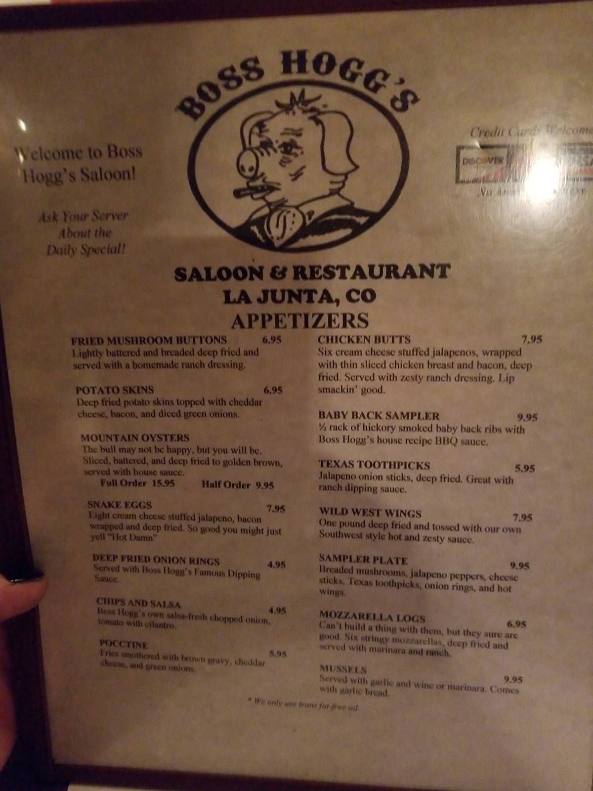 Menu at Boss Hogg's Saloon & Restaurant, La Junta