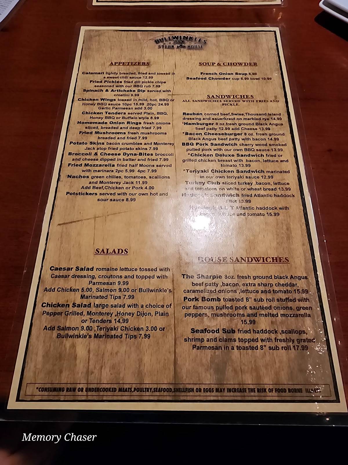 Menu at Bullwinkle's Steak House steakhouse, Waldoboro, Atlantic Hwy