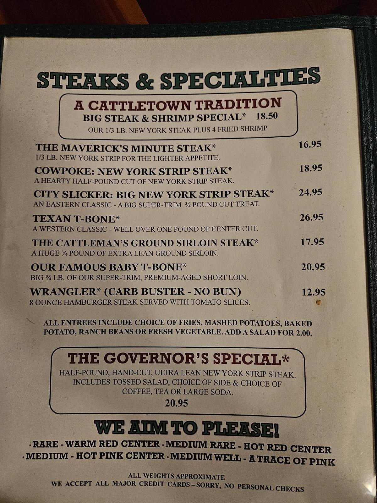Menu at Cattletown Steakhouse & Saloon, Tucson