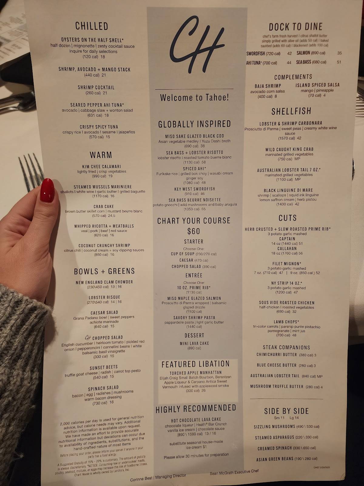 Menu at Chart House steakhouse, Stateline