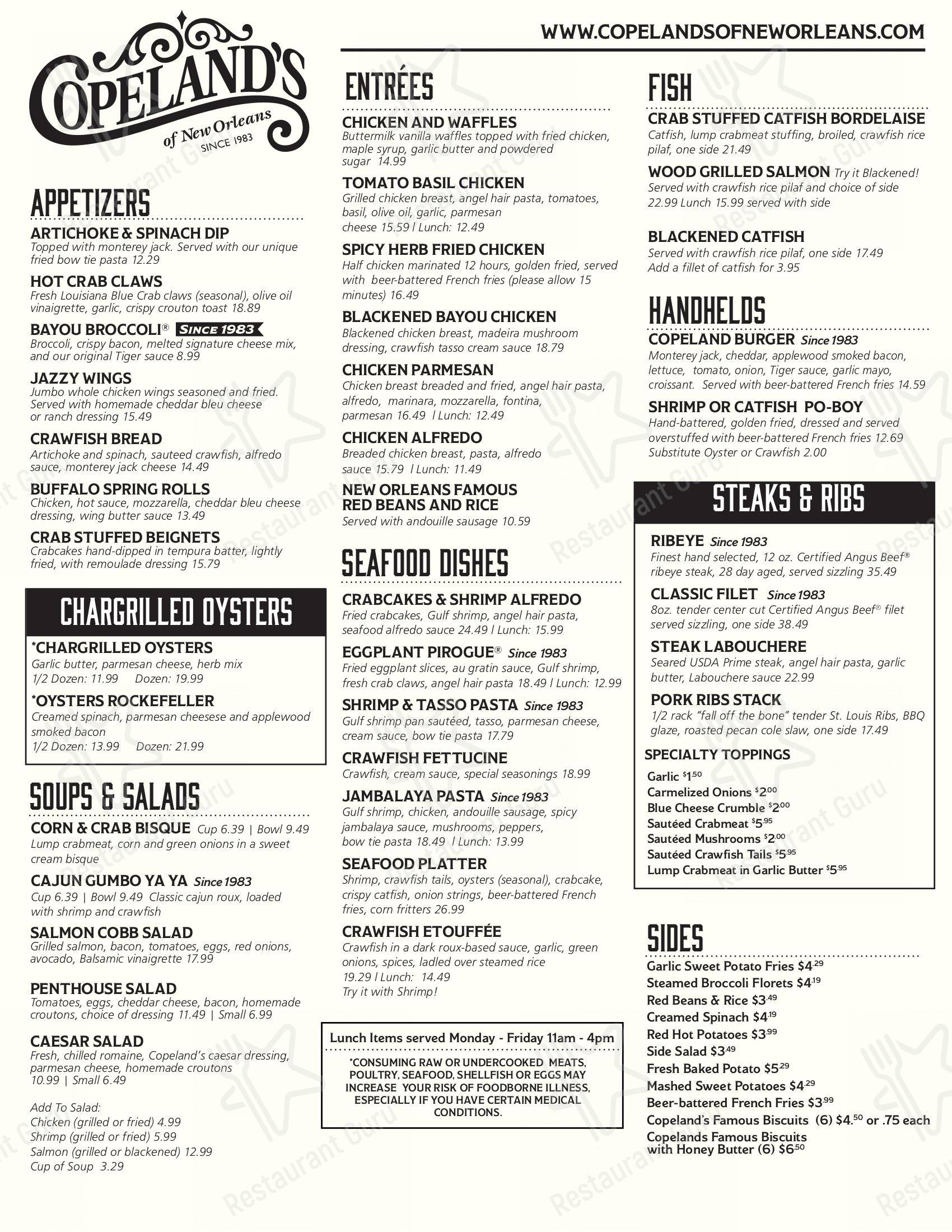 Menu at Copeland's of New Orleans steakhouse, Jacksonville