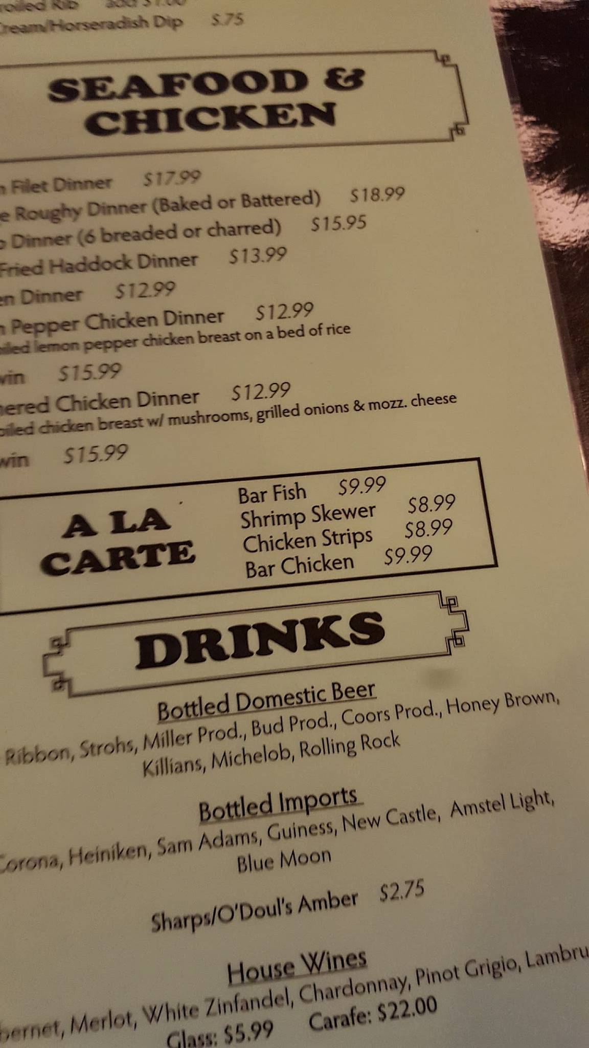 Menu at Heinnies steakhouse, Elkhart