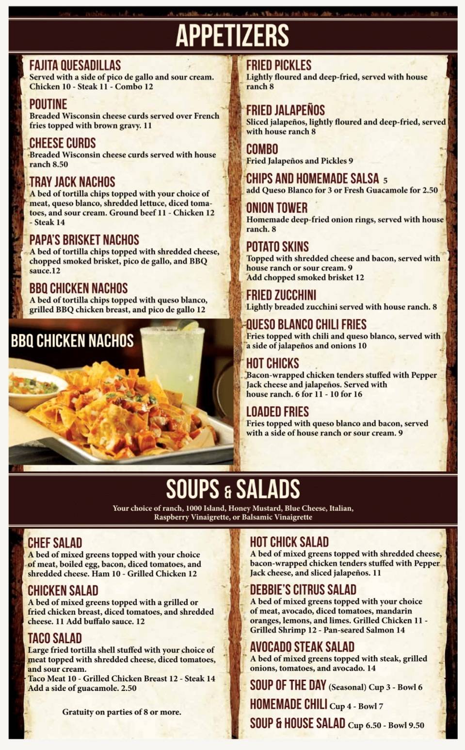 Menu at Papa Bear's steakhouse, Waco