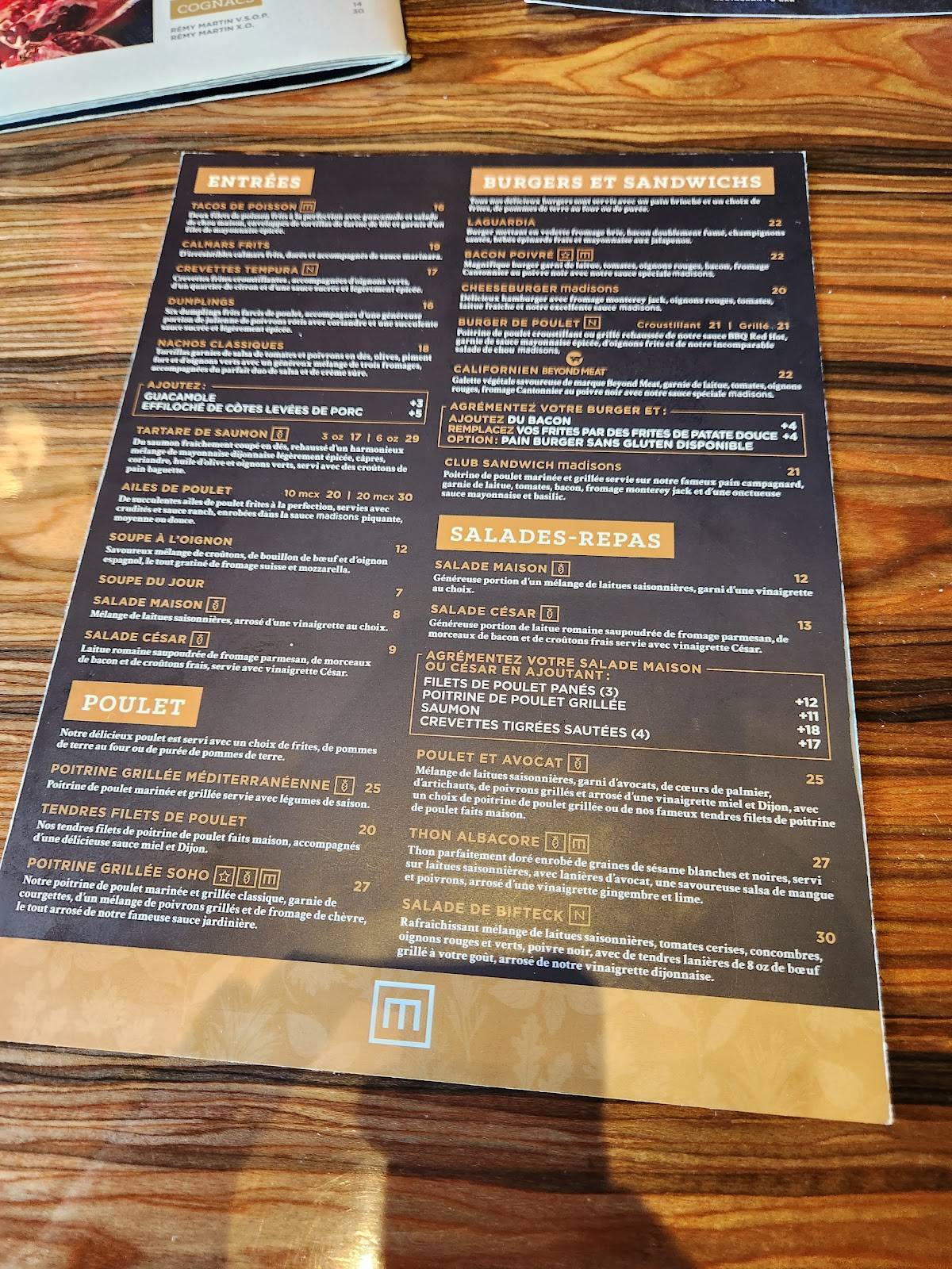 Menu au Madisons Restaurant & Bar, Saint-Bruno-de-Montarville, Bd des ...